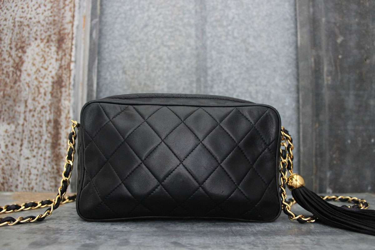 Chanel Vintage Black Quilted Lambskin Small Camera Bag Tassel