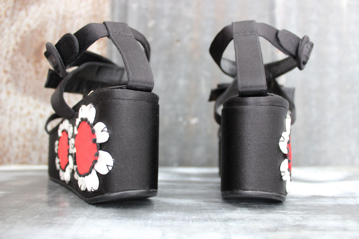 Prada Black Satin Flower & Bow Platform Sandals