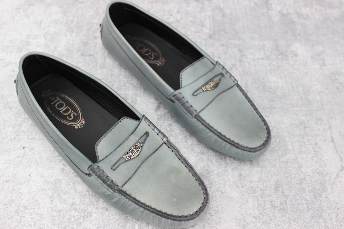Tod's blue distressed leather Heaven penny loafers at Jill's Consignment